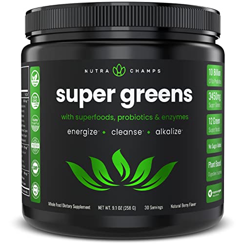 Super Greens Powder Premium Superfood | 20+ Organic Green Veggie Whole Foods | Wheat Grass, Spirulina, Chlorella & More | Antioxidant, Digestive Enzyme & Probiotic Blends | Vegan Juice Supplement