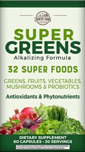 country farms super greens capsules, whole food dietary supplement, 32 super foods, 30 servings.