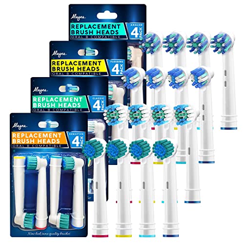 Alayna Replacement Toothbrush Heads for Oral B Braun Electric Toothbrushes - 16 Assorted Brush Head Refills Compatible w/ OralB (4) Cross Clean, Floss, Precision, Sensitive (Fits Most Oral-B Bases)