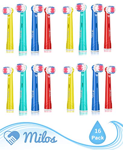 Milos Replacement Toothbrush Heads for Kids - Pack of 16 Oral B and Braun Compatible Replacements