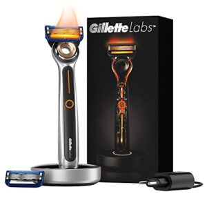 gillette heated razor for men, starter shave kit by gillettelabs, 1 handle, 2 razor blade refills, 1 charging dock