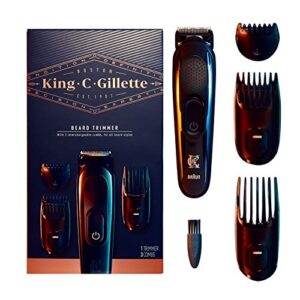 king c. gillette cordless beard trimmer for men, kit includes 1 trimmer, 3 interchangeable combs, 1 cleaning brush, 1 charger, 1 travel bag, blue