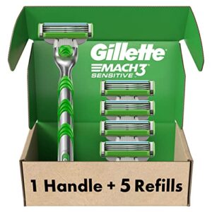 gillette mach3 sensitive razors for men, 1 gillette razor, 5 razor blade refills, designed for sensitive skin