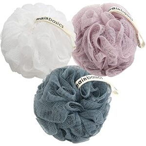 mainbasics bath shower loofah sponge pouf body wash scrubber (set of 3)