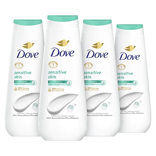 Dove Body Wash Sensitive Skin 4 Count Hypoallergenic, Paraben-Free, Sulfate-Free, Cruelty-Free, Moisturizing Skin Cleanser Effectively Washes Away Bacteria While Nourishing Skin 20 oz