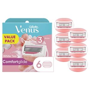 gillette venus comfortglide womens razor blade refills, 6 count,(pack of 1) white tea scented gel bar protects against skin irritation