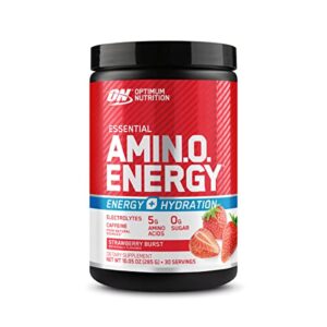 optimum nutrition amino energy plus electrolytes energy drink powder, caffeine for pre-workout energy and amino acids/bcaas, strawberry burst, 10.5 ounces (30 servings), pink (packaging may vary)