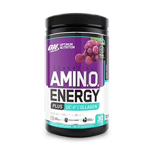 Optimum Nutrition Amino Energy + Collagen Powder - Pre Workout, Post Workout Muscle Recovery Energy Powder with Amino Acids, Vitamin C for Immune Support - Grape Remix, 30 Servings