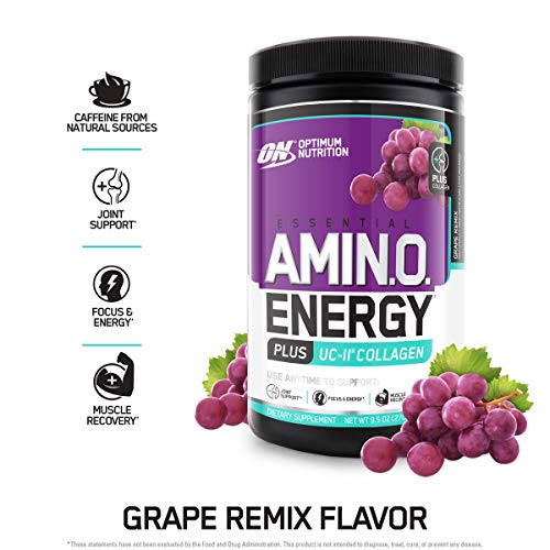 Optimum Nutrition Amino Energy + Collagen Powder - Pre Workout, Post Workout Muscle Recovery Energy Powder with Amino Acids, Vitamin C for Immune Support - Grape Remix, 30 Servings