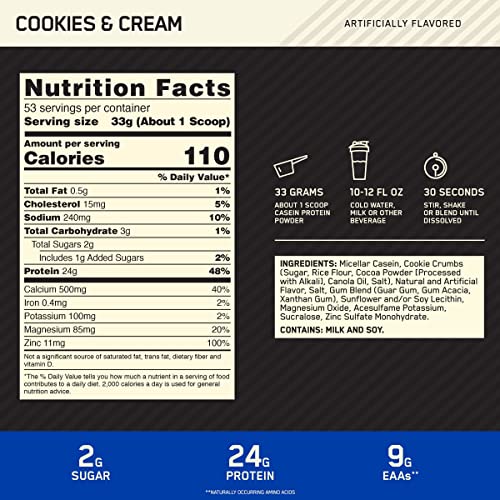 Optimum Nutrition Gold Standard 100% Micellar Casein Protein Powder, Slow Digesting, Helps Keep You Full, Overnight Muscle Recovery, Cookies and Cream, 4 Pound (Packaging May Vary)