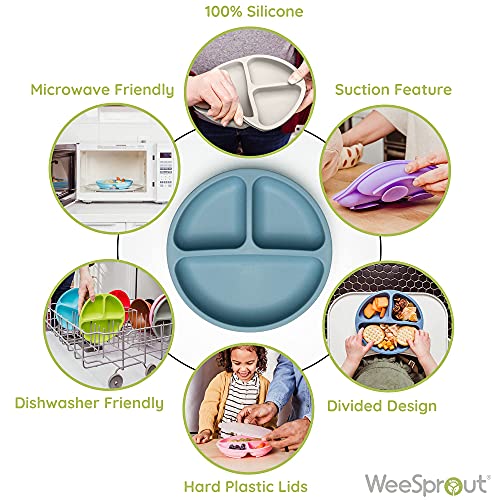 WeeSprout Suction Plates with Lids for Babies & Toddlers | 100% Silicone | Plates Stay Put with Suction Feature | Divided Design | Microwave & Dishwasher Safe | 3 Pack