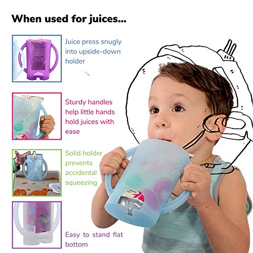 Squeeze Proof Flipping Holder for Food Pouches & Juice Boxes - Universal Multipurpose Design - Prevent Messes & Support Self-Feeding - Curved Handles for Easy Grasping - Food Safe - Blue (Blue)