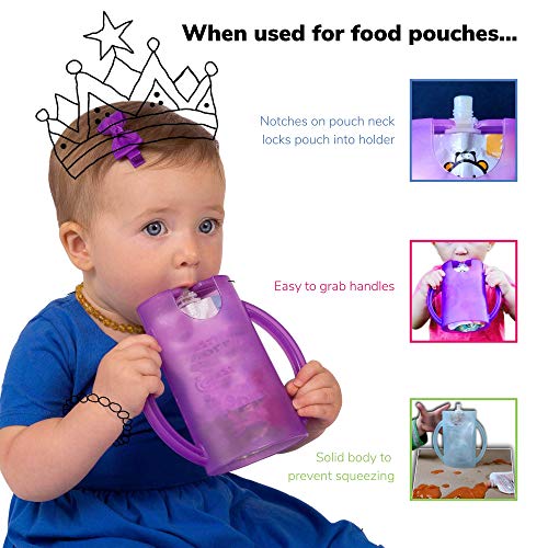 Squeeze Proof Flipping Holder for Food Pouches & Juice Boxes - Universal Multipurpose Design - Prevent Messes & Support Self-Feeding - Curved Handles for Easy Grasping - Food Safe - Blue (Blue)