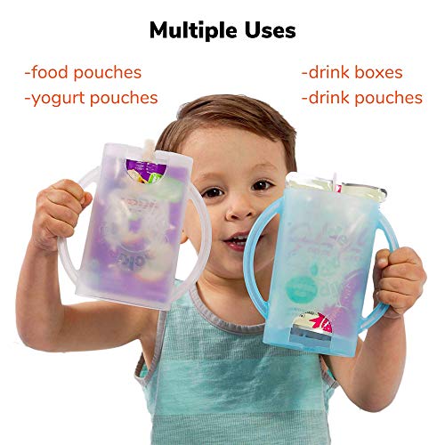 Squeeze Proof Flipping Holder for Food Pouches & Juice Boxes - Universal Multipurpose Design - Prevent Messes & Support Self-Feeding - Curved Handles for Easy Grasping - Food Safe - Blue (Blue)