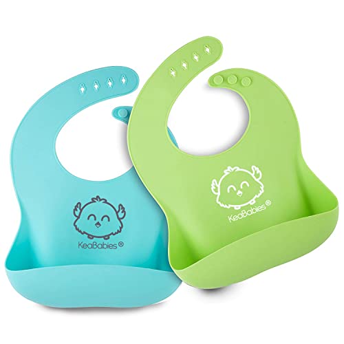 2-Pack Baby Silicone Bibs, Waterproof, Easy Wipe Silicone Bib for Babies, Toddlers, Baby Feeding Bibs with Large Food Catcher Pocket, Travel Bibs for Baby Girl, Boy, Food Grade BPA Free (Cloud Nine)