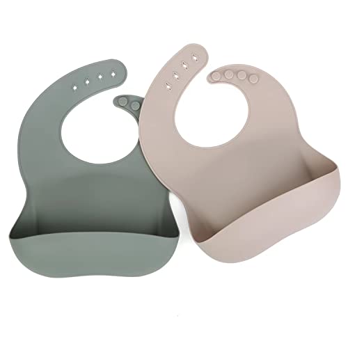 Ginbear Silicone Bibs for Babies, Waterproof Baby Feeding Bibs with Food Catcher Pocket, Adjustable Silicon Bibs for Toddlers (Dark Sage/Almond)