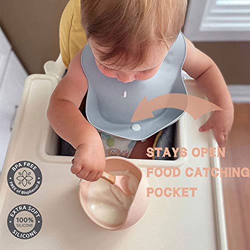 Ginbear Silicone Bibs for Babies, Waterproof Baby Feeding Bibs with Food Catcher Pocket, Adjustable Silicon Bibs for Toddlers (Dark Sage/Almond)