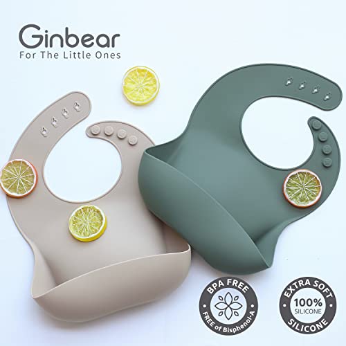 Ginbear Silicone Bibs for Babies, Waterproof Baby Feeding Bibs with Food Catcher Pocket, Adjustable Silicon Bibs for Toddlers (Dark Sage/Almond)