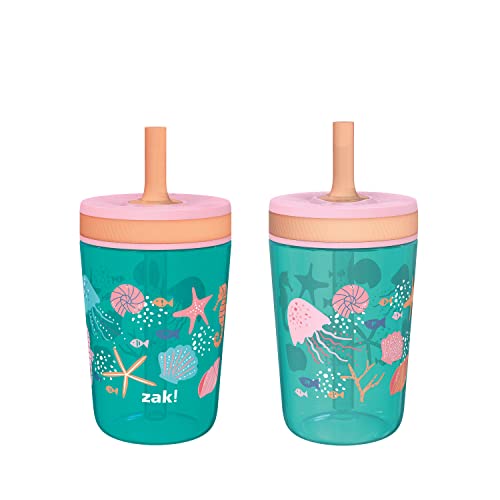 Zak Designs Kelso 15 oz Tumbler Set, (Shells) Non-BPA Leak-Proof Screw-On Lid with Straw Made of Durable Plastic and Silicone, Perfect Baby Cup Bundle for Kids (2pc Set)