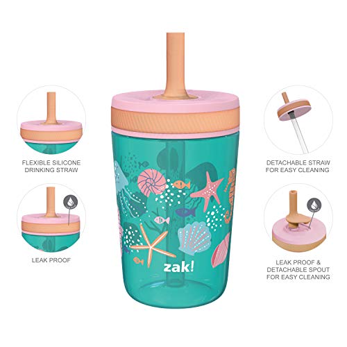 Zak Designs Kelso 15 oz Tumbler Set, (Shells) Non-BPA Leak-Proof Screw-On Lid with Straw Made of Durable Plastic and Silicone, Perfect Baby Cup Bundle for Kids (2pc Set)