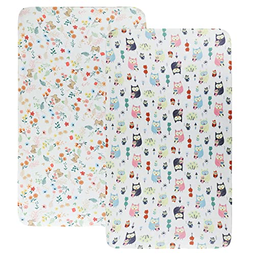 Stretchy Bassinet Sheets 32 x 19 Inch, Compatible with Baby Delight, Mika Micky, Dream On Me, ANGELBLISS, Papablic, Koola, AMKE, Maxi-COSI Baby Bedside Bassinet Mattress, 2 Pack, Owl and Rabbit