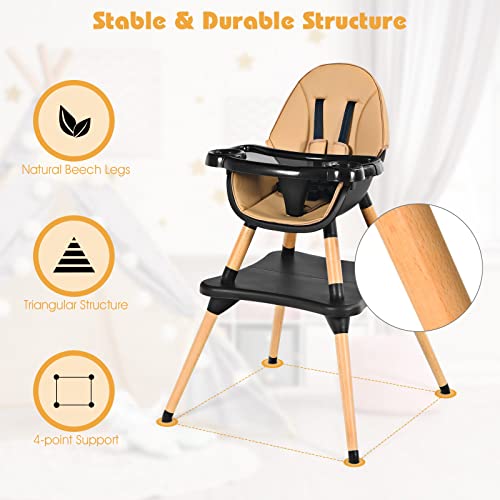 HONEY JOY Baby High Chair, 5-in-1 Convertible Wooden Highchair for Babies and Toddlers/Table and Chair Set/Booster Seat/Toddler Chair with Safety Harness, 4-Position Removable Feeding Tray (Coffee)