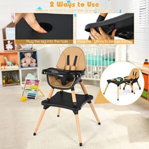 HONEY JOY Baby High Chair, 5-in-1 Convertible Wooden Highchair for Babies and Toddlers/Table and Chair Set/Booster Seat/Toddler Chair with Safety Harness, 4-Position Removable Feeding Tray (Coffee)