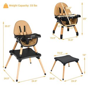 HONEY JOY Baby High Chair, 5-in-1 Convertible Wooden Highchair for Babies and Toddlers/Table and Chair Set/Booster Seat/Toddler Chair with Safety Harness, 4-Position Removable Feeding Tray (Coffee)