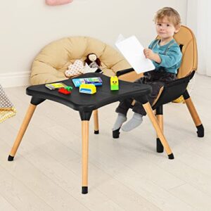 HONEY JOY Baby High Chair, 5-in-1 Convertible Wooden Highchair for Babies and Toddlers/Table and Chair Set/Booster Seat/Toddler Chair with Safety Harness, 4-Position Removable Feeding Tray (Coffee)