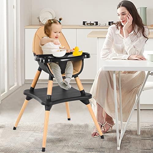 HONEY JOY Baby High Chair, 5-in-1 Convertible Wooden Highchair for Babies and Toddlers/Table and Chair Set/Booster Seat/Toddler Chair with Safety Harness, 4-Position Removable Feeding Tray (Coffee)