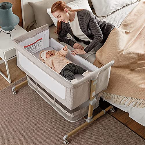 Baby Bassinet Bedside Sleeper, besrey Bedside Bassinet for Newborn Infant with Comfy Mattress, 9 Height Positions, Adjustable Bedside Crib with 360° Swivel Wheels, Bassinet Sleeper with Storage Basket