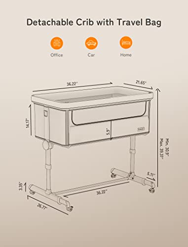 Baby Bassinet Bedside Sleeper, besrey Bedside Bassinet for Newborn Infant with Comfy Mattress, 9 Height Positions, Adjustable Bedside Crib with 360° Swivel Wheels, Bassinet Sleeper with Storage Basket