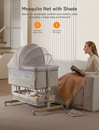 Baby Bassinet Bedside Sleeper, besrey Bedside Bassinet for Newborn Infant with Comfy Mattress, 9 Height Positions, Adjustable Bedside Crib with 360° Swivel Wheels, Bassinet Sleeper with Storage Basket