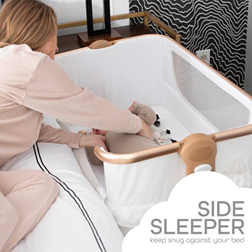 Baby Bassinet, Bedside Sleeper for Baby, Easy Folding Portable Crib with Storage Basket for Newborn, Bedside Bassinet, Comfy Mattress/Travel Bag Included (White and Gold)