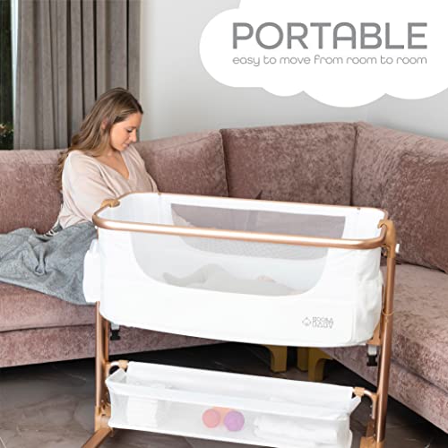 Baby Bassinet, Bedside Sleeper for Baby, Easy Folding Portable Crib with Storage Basket for Newborn, Bedside Bassinet, Comfy Mattress/Travel Bag Included (White and Gold)