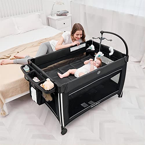 Pamo Babe 4 in 1 Portable Baby Crib Deluxe Nursery Center, Foldable Travel Playard with Bassinet, Mattress, Changing Table for Newborn, Infant, Toddler(Black)