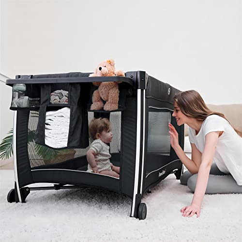 Pamo Babe 4 in 1 Portable Baby Crib Deluxe Nursery Center, Foldable Travel Playard with Bassinet, Mattress, Changing Table for Newborn, Infant, Toddler(Black)