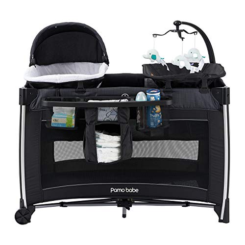 Pamo Babe 4 in 1 Portable Baby Crib Deluxe Nursery Center, Foldable Travel Playard with Bassinet, Mattress, Changing Table for Newborn, Infant, Toddler(Black)