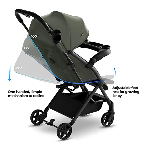 Mompush Lithe V2 Lightweight Stroller + Snack Tray, Ultra-Compact Fold & Airplane Ready Travel Stroller, Near Flat Recline Seat, Cup Holder, Raincover & Travelbag Included