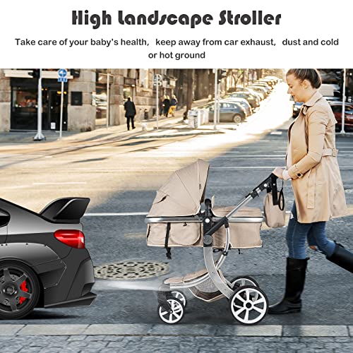 BABY JOY 2-in-1 High Landscape Baby Stroller, Reversible Bassinet Reclining Stroller, Foldable Push Chair w/Adjustable Canopy, Storage Bag, Foot Cover, Rain Cover & Net, Aluminum Alloy Frame (Beige)