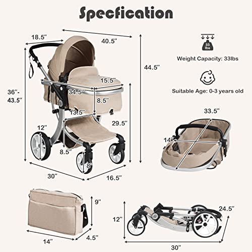 BABY JOY 2-in-1 High Landscape Baby Stroller, Reversible Bassinet Reclining Stroller, Foldable Push Chair w/Adjustable Canopy, Storage Bag, Foot Cover, Rain Cover & Net, Aluminum Alloy Frame (Beige)