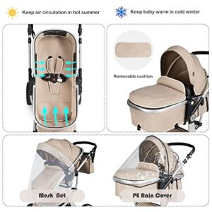 BABY JOY 2-in-1 High Landscape Baby Stroller, Reversible Bassinet Reclining Stroller, Foldable Push Chair w/Adjustable Canopy, Storage Bag, Foot Cover, Rain Cover & Net, Aluminum Alloy Frame (Beige)