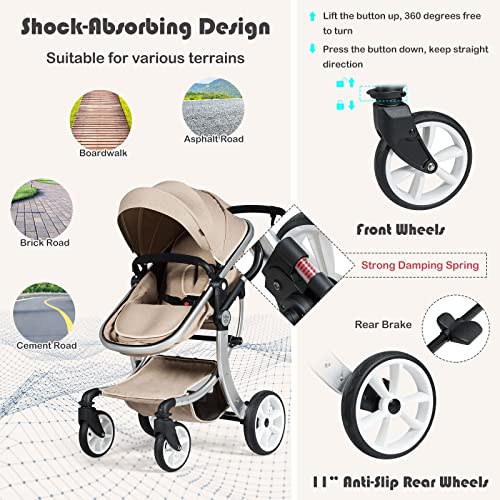 BABY JOY 2-in-1 High Landscape Baby Stroller, Reversible Bassinet Reclining Stroller, Foldable Push Chair w/Adjustable Canopy, Storage Bag, Foot Cover, Rain Cover & Net, Aluminum Alloy Frame (Beige)