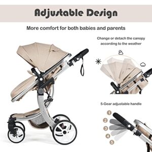 BABY JOY 2-in-1 High Landscape Baby Stroller, Reversible Bassinet Reclining Stroller, Foldable Push Chair w/Adjustable Canopy, Storage Bag, Foot Cover, Rain Cover & Net, Aluminum Alloy Frame (Beige)