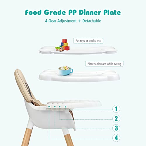 INFANS 5 in 1 Baby High Chair with 5 Point Harness, Detachable Tray, Wipeable Cushion, Converts to Table and Seat Set, Toddler Chair, Booster Seat, Wooden Dining Chair for Infant Kid (Khaki)