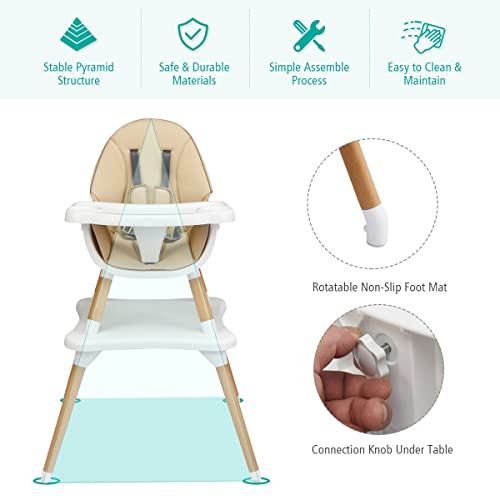 INFANS 5 in 1 Baby High Chair with 5 Point Harness, Detachable Tray, Wipeable Cushion, Converts to Table and Seat Set, Toddler Chair, Booster Seat, Wooden Dining Chair for Infant Kid (Khaki)