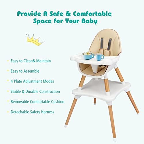 INFANS 5 in 1 Baby High Chair with 5 Point Harness, Detachable Tray, Wipeable Cushion, Converts to Table and Seat Set, Toddler Chair, Booster Seat, Wooden Dining Chair for Infant Kid (Khaki)