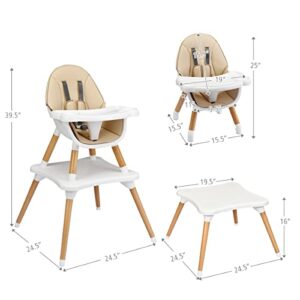 INFANS 5 in 1 Baby High Chair with 5 Point Harness, Detachable Tray, Wipeable Cushion, Converts to Table and Seat Set, Toddler Chair, Booster Seat, Wooden Dining Chair for Infant Kid (Khaki)