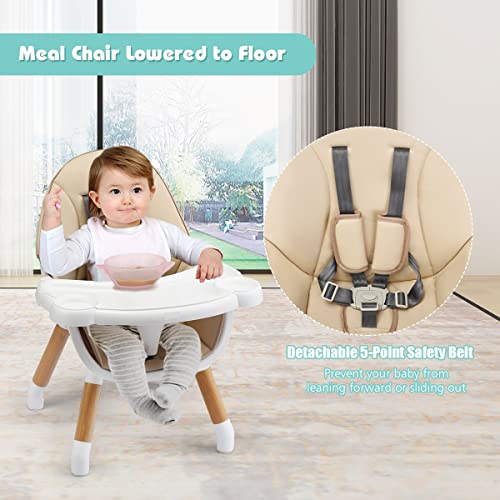 INFANS 5 in 1 Baby High Chair with 5 Point Harness, Detachable Tray, Wipeable Cushion, Converts to Table and Seat Set, Toddler Chair, Booster Seat, Wooden Dining Chair for Infant Kid (Khaki)