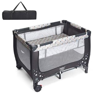 baby joy foldable baby playard, double layer pack and play with breathable mattress, lightweight installation-free home baby playpen with carry bag, portable travel crib from newborn to toddlers